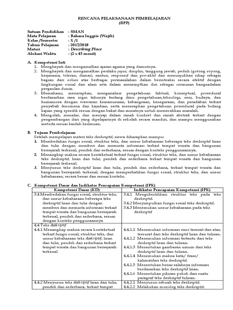 4 RPP Describing Place | PDF | Karier & Perkembangan