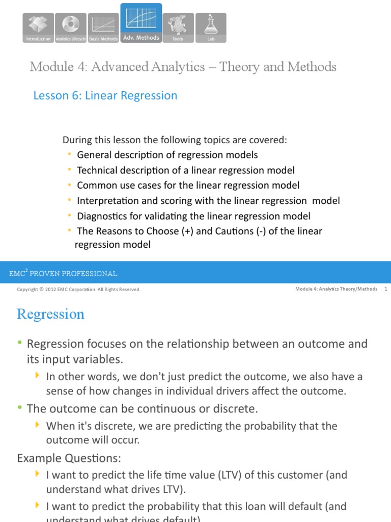 Module 4 Advanced Analytics Theory And Methods Lesson 6 Linear Regression Pdf Logistic 