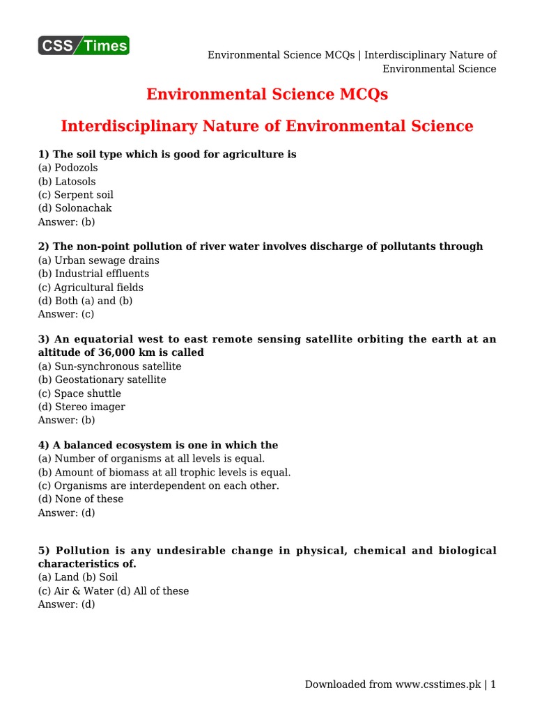 Environmental Science MCQs - Interdisciplinary Nature of Environmental ...