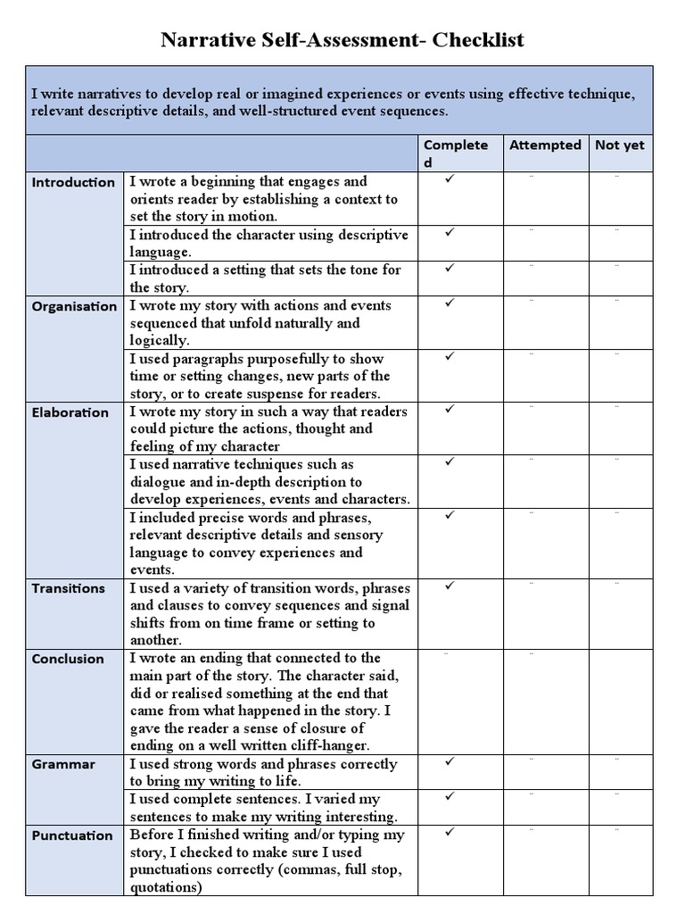 Narrative Self-Assessment-Checklist: Complete D Attempted Not Yet ...