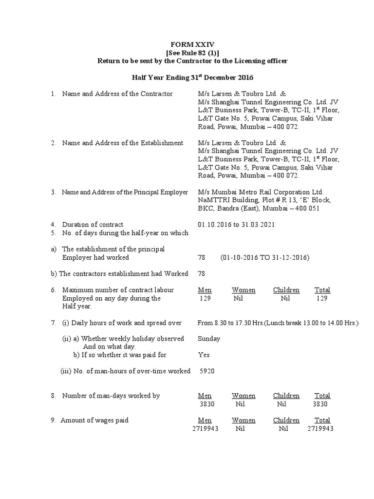 Form Xxiv (See Rule 82 (1) ) Return To Be Sent by The Contractor To The ...