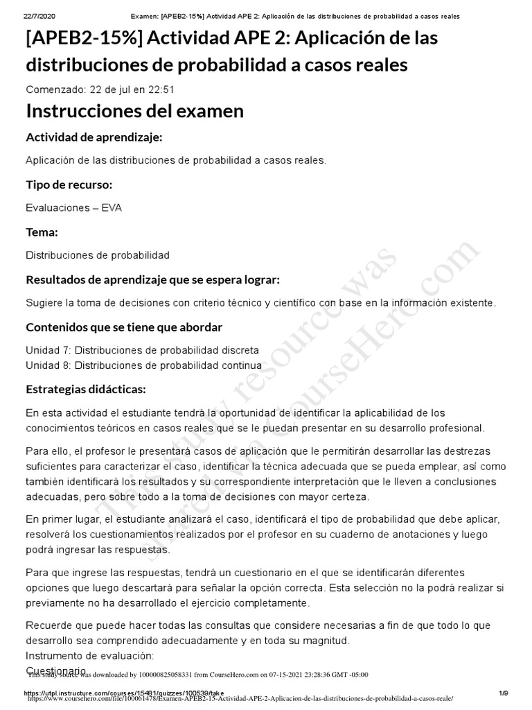 Examen APEB2 15 Actividad APE 2 Aplicacio N de Las Distribuciones de Probabilidad A Casos Reale ...