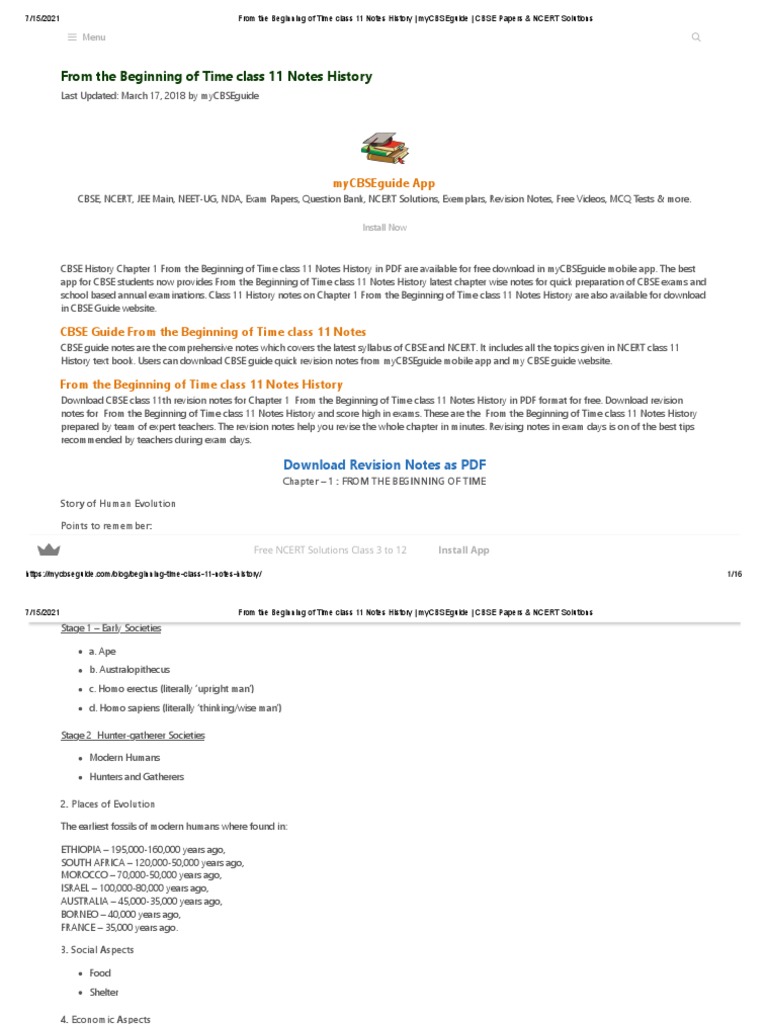 From The Beginning of Time Class 11 Notes History - myCBSEguide - CBSE ...
