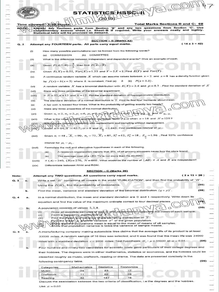 Past Paper 2019 Federal Board HSSC Inter Part II Statistics Subjective English Medium | PDF