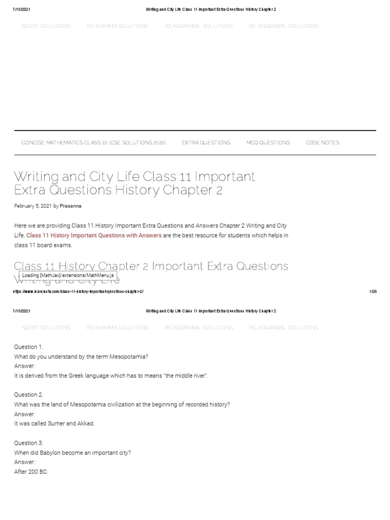 Writing and City Life Class 11 Important Extra Questions History ...