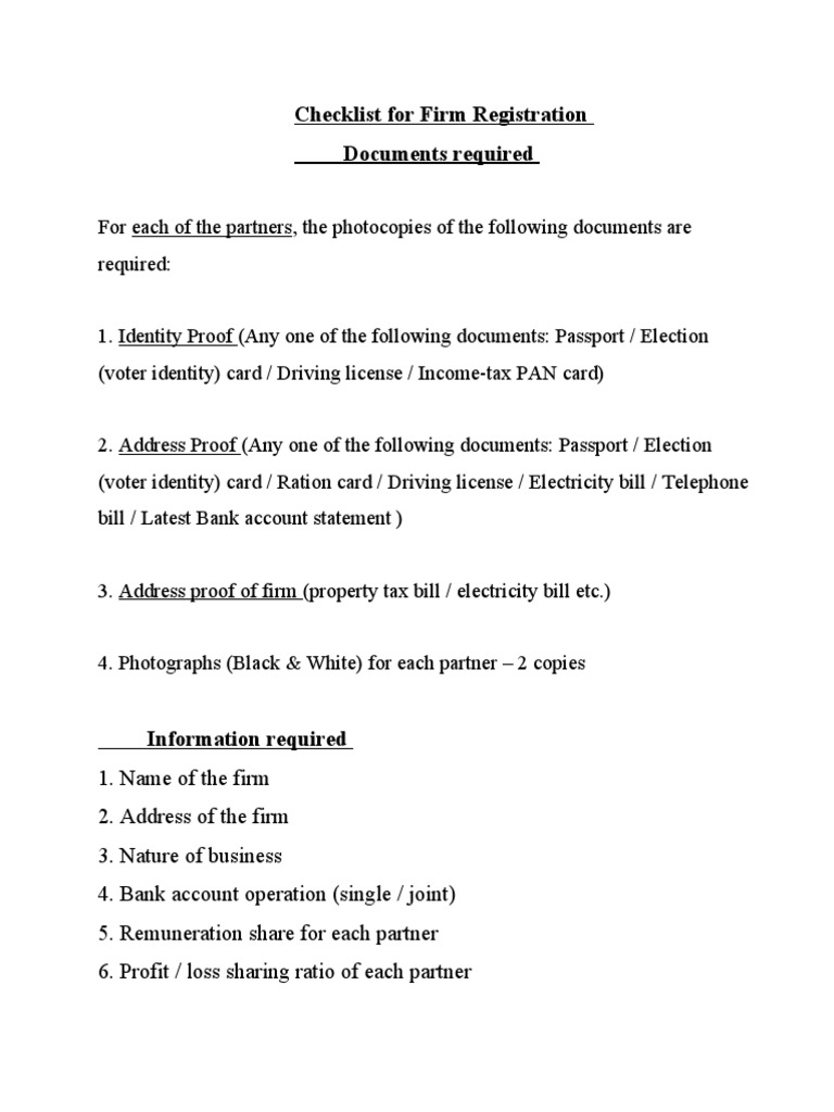 Firm Registration Document Checklist | PDF | Finance & Money Management