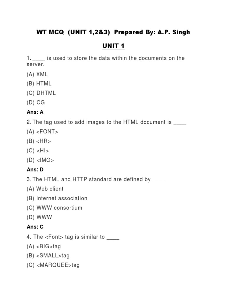 WT MCQ For Insem | PDF | Html Element | Java Script