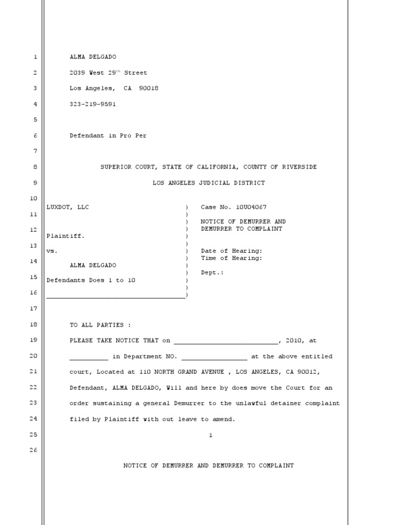 Demurrer to Unlawful Detainer Complaint | PDF | Demurrer | Eviction
