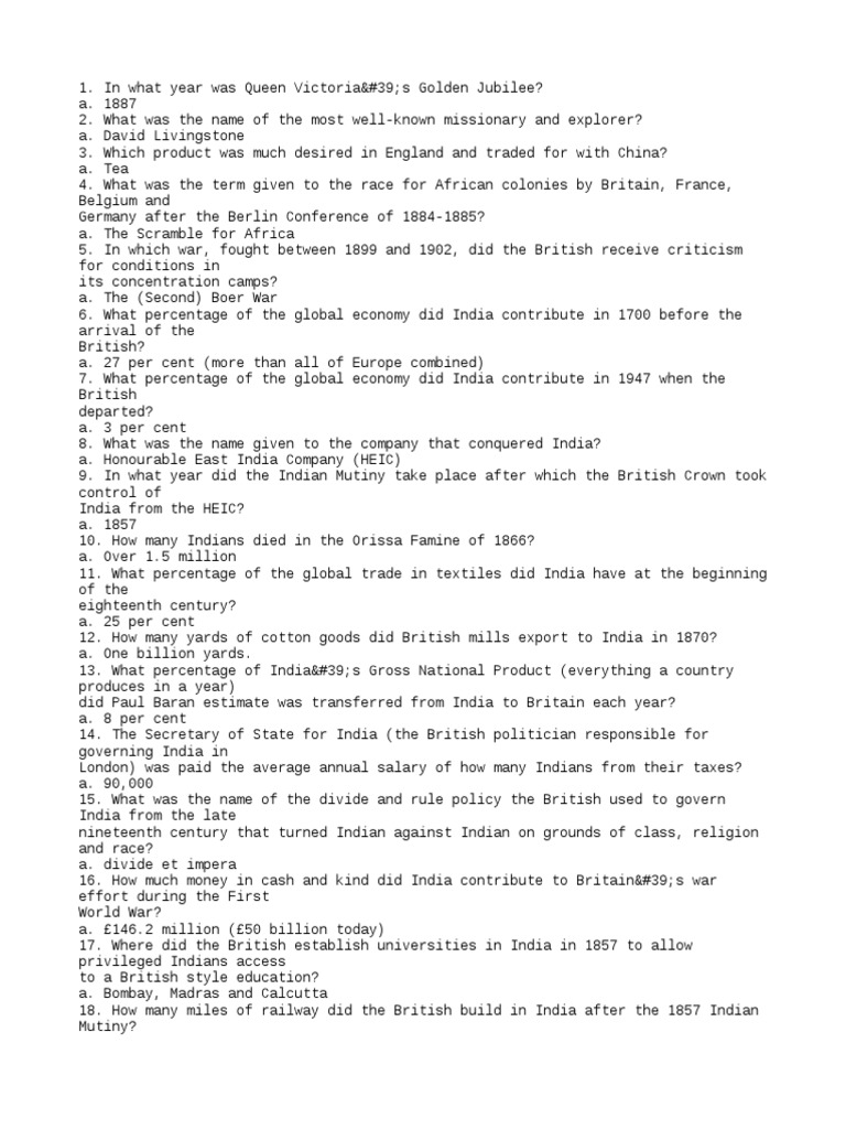 Quiz On The British Empire | PDF