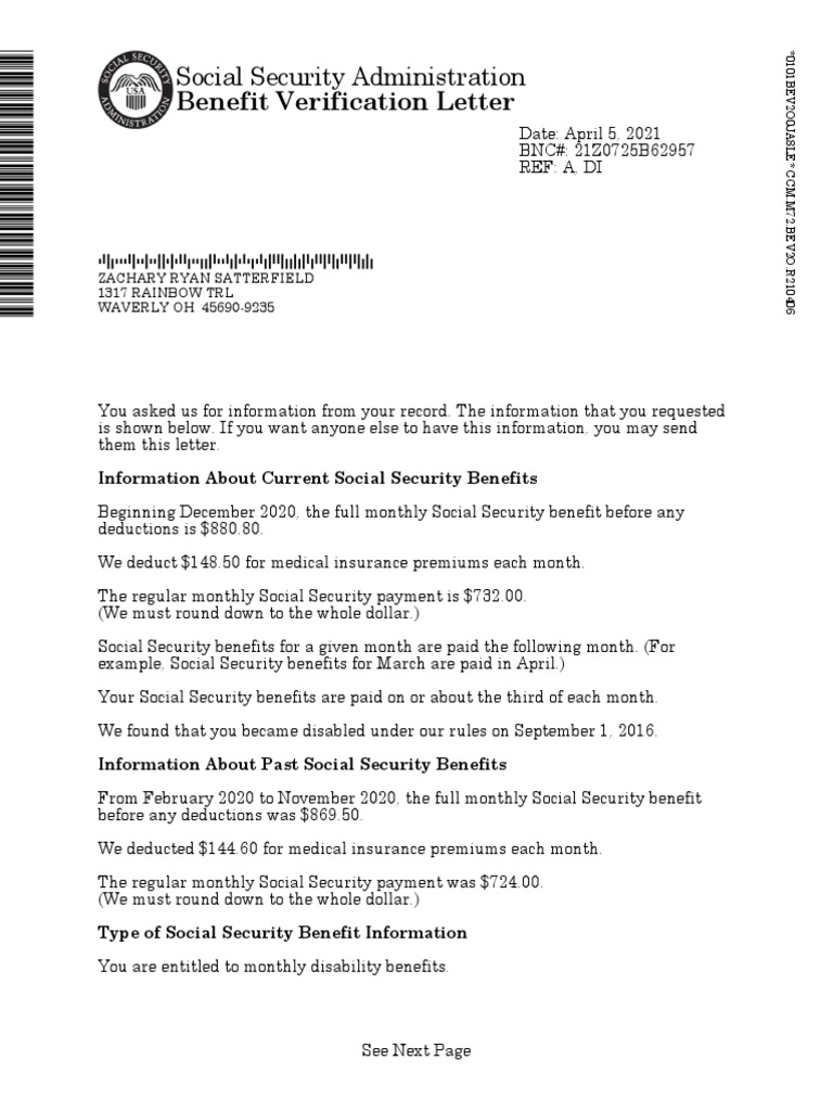 Benefit Verification Letter: Social Security Administration | PDF ...
