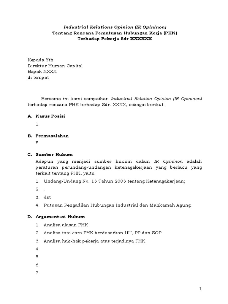 Opini PHK untuk Pekerja Sdr. XXXX | PDF