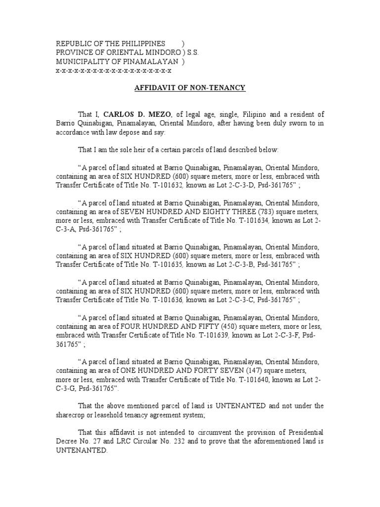 Affidavit of Non-Tenancy - Mezo With As | PDF | Landlord–Tenant Law ...