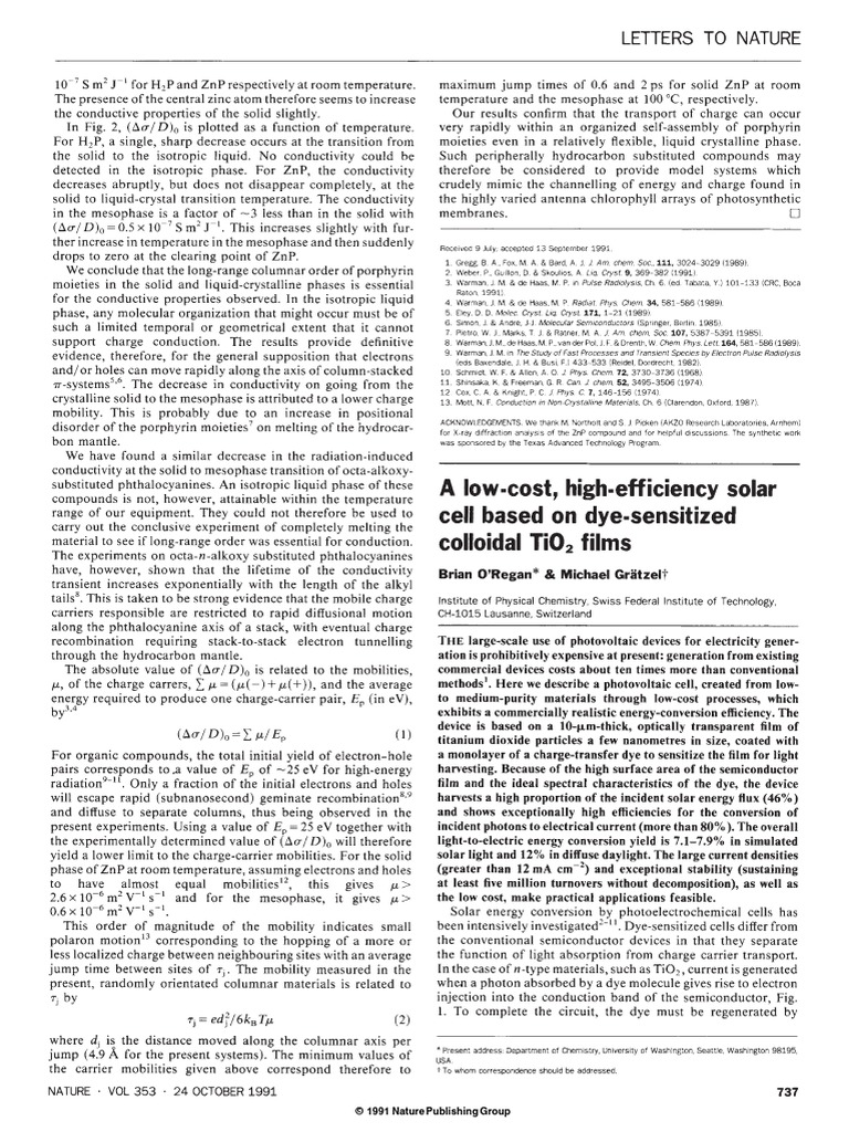 Low Cost, High Efficiency Solar Cell Based On Dye-Sensitized Colloidal TiO2 Film | PDF ...