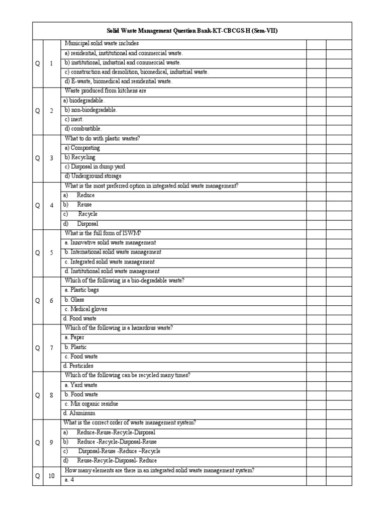 Solid Waste Management Question Bank | PDF | Municipal Solid Waste ...