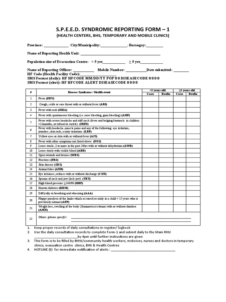 S.P.E.E.D. Syndromic Reporting Form | PDF | Meningitis | Diarrhea