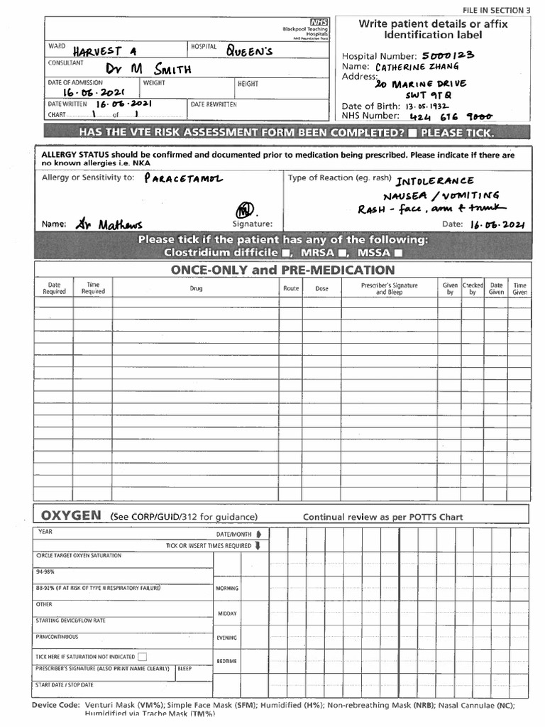ADT Form Sample Prescription Chart | PDF