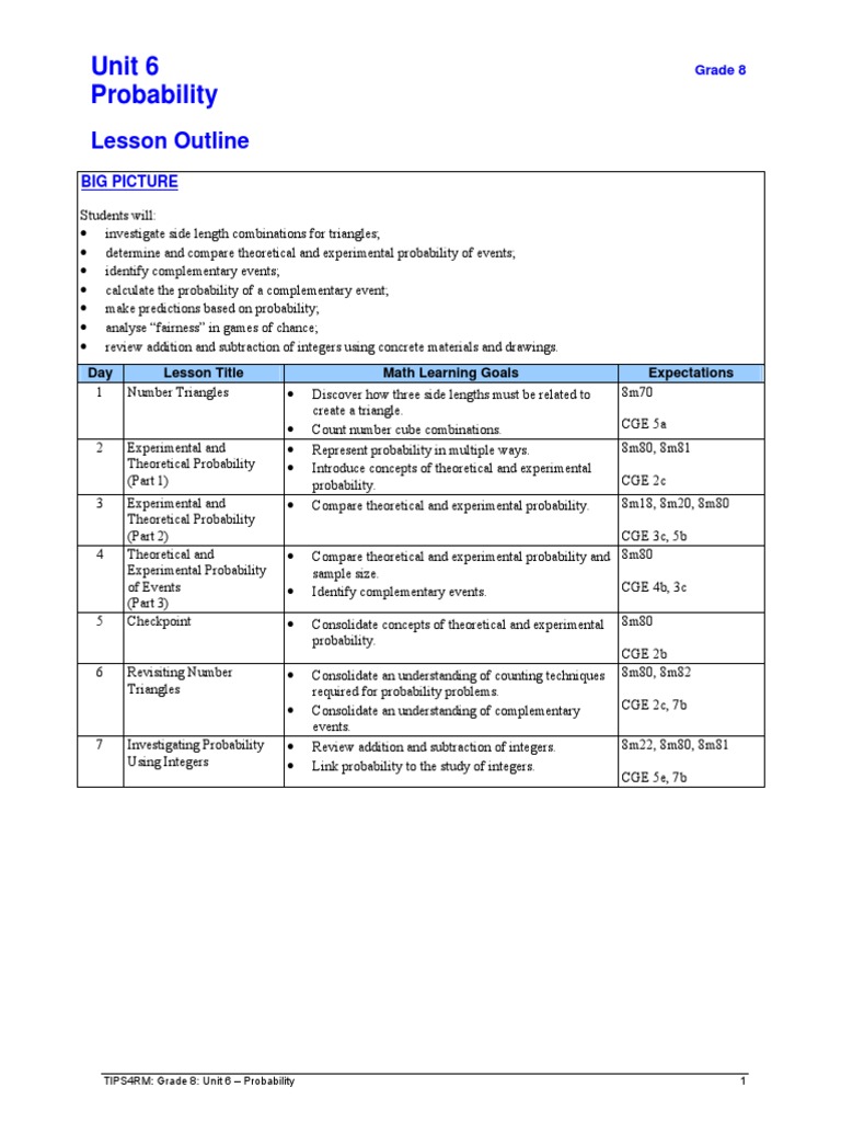 Unit 6 Probability: Lesson Outline | PDF | Probability | Experiment
