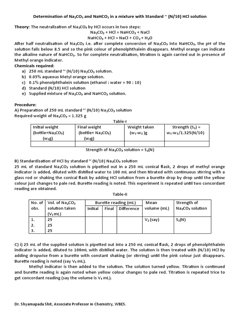 Titration of Na2CO3 and NaHCO3 Mixture | PDF | Titration | Chemistry