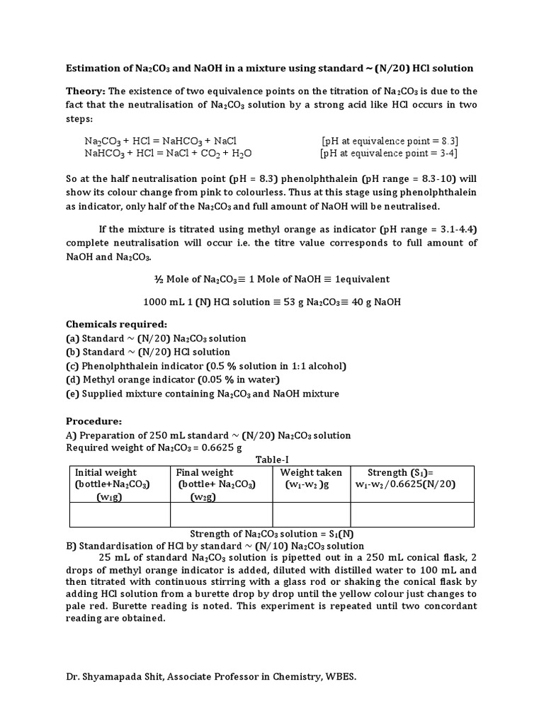 1 Estimation of Na2CO3 and NaOH in A Mixture Using HCL | PDF ...
