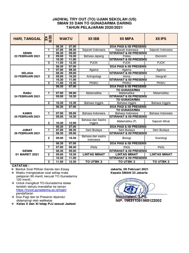 Jadwal Try Out Ujian Sekolah 2021 | PDF