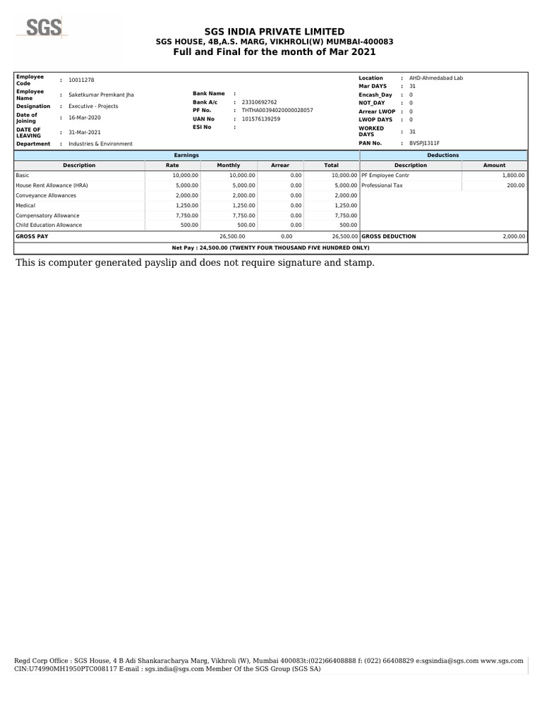 Sgs India Private Limited Full and Final For The Month of Mar 2021 ...