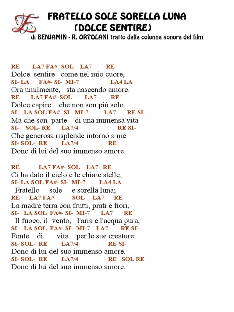 Dolce Sentire (Fratello Sole Sorella Luna) - ACCORDI | PDF