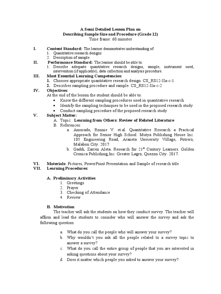 Semi Detailed Lesson Plan For Sampling | PDF | Sampling (Statistics ...