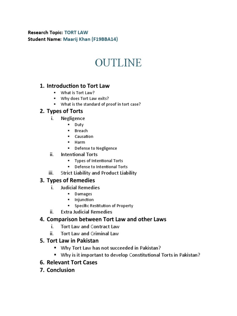 Outline: 1. Introduction To Tort Law | PDF