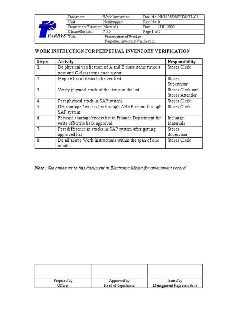 Work Instruction For Perpetual Inventory Verification Steps Activity ...