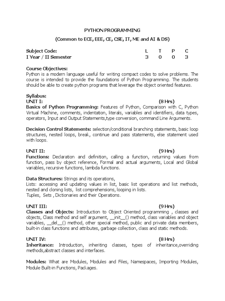 PYTHON PROGRAMMING R20 Syllabus | PDF | Class (Computer Programming) | Parameter (Computer ...
