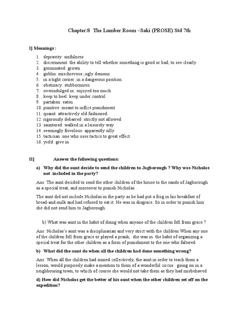 Chapter:8 The Lumber Room - Saki (PROSE) STD 7th | PDF