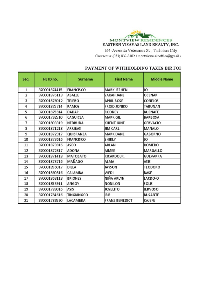 Eastern Visayas Land Realty, Inc.: Payment of Withholding Taxes Bir ...