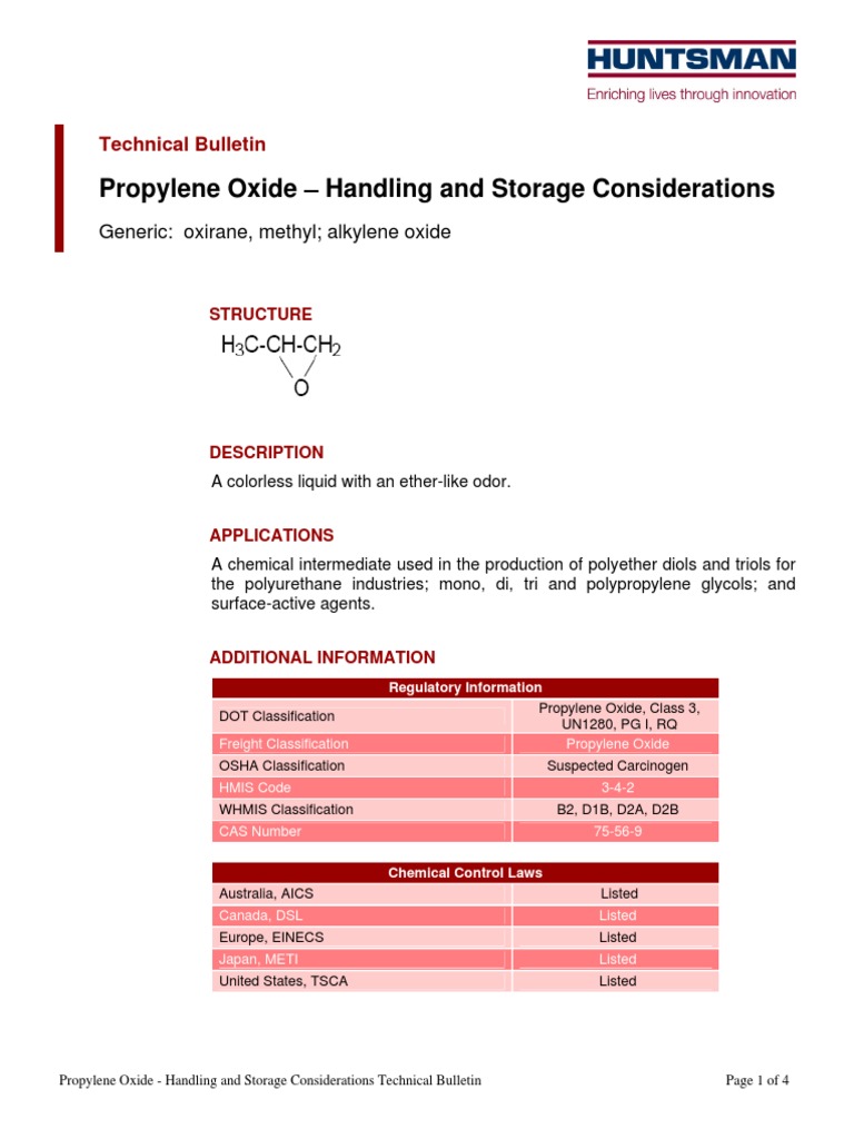 Propylene Oxide Handling and Storage Considerations: Technical Bulletin ...