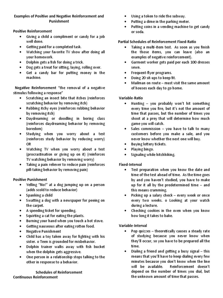 Examples of Positive and Negative Reinforcement and Punishment | PDF ...