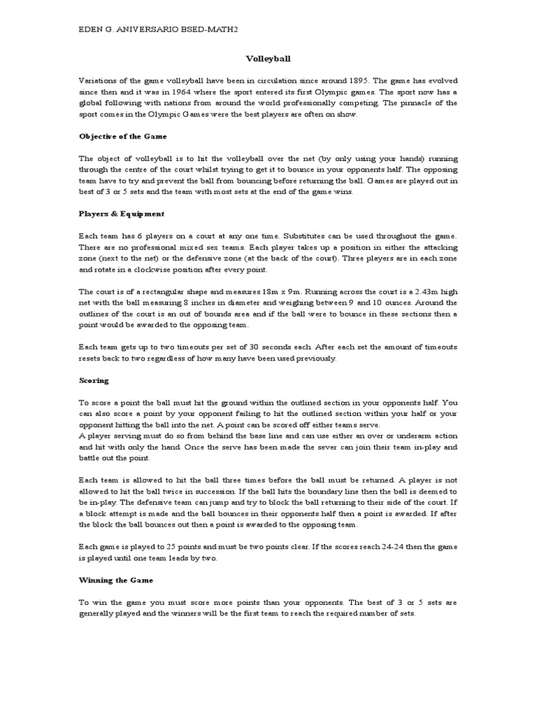 Volleyball: Objective of The Game | PDF | Volleyball | Teams