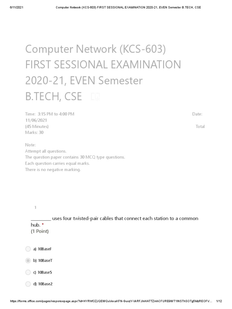 Computer Network (KCS-603) FIRST SESSIONAL EXAMINATION 2020-21, EVEN ...
