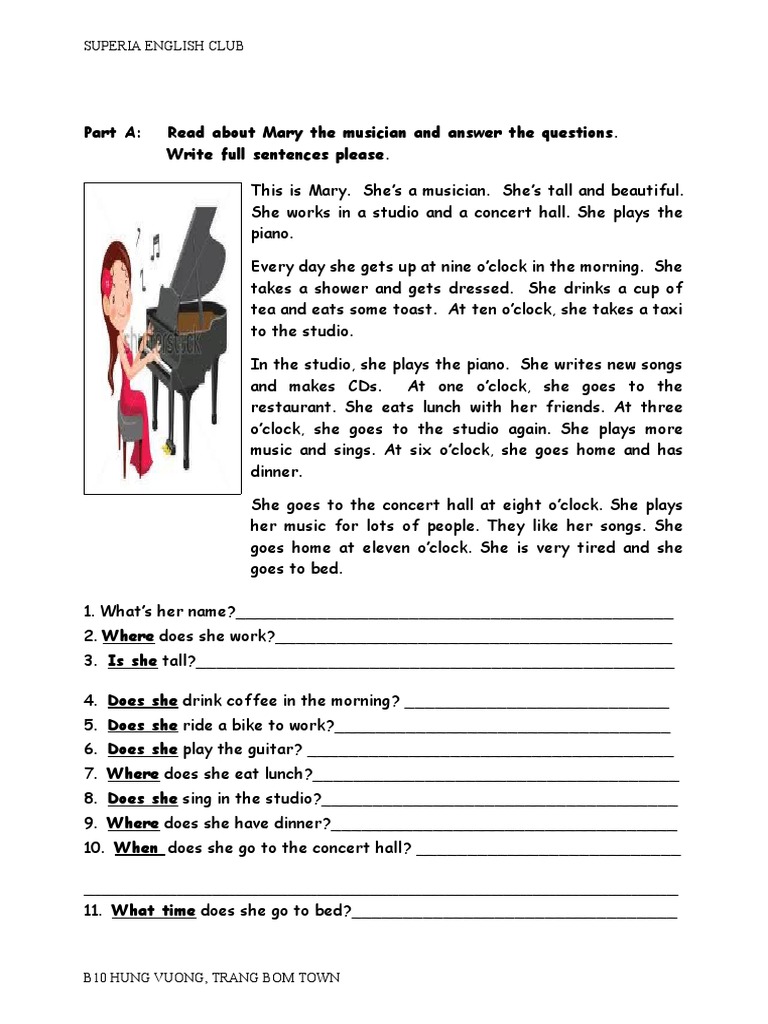 Part A: Read About Mary The Musician and Answer The Questions. Write ...