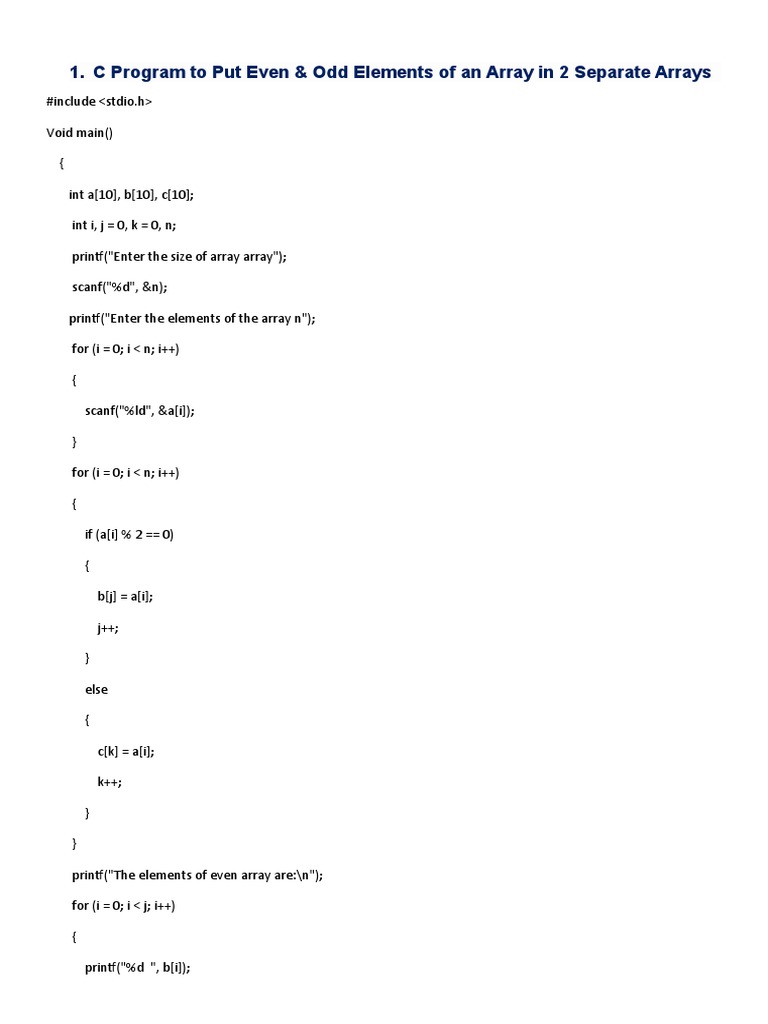 C Program To Put Even & Odd Elements of An Array in 2 Separate Arrays ...