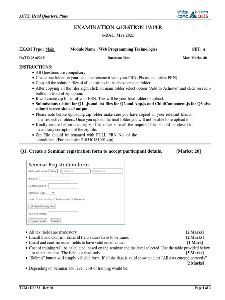 Lab Exam Question Paper - Web Programming Tech - Batch 2,3,4 | PDF | Zip (File Format ...