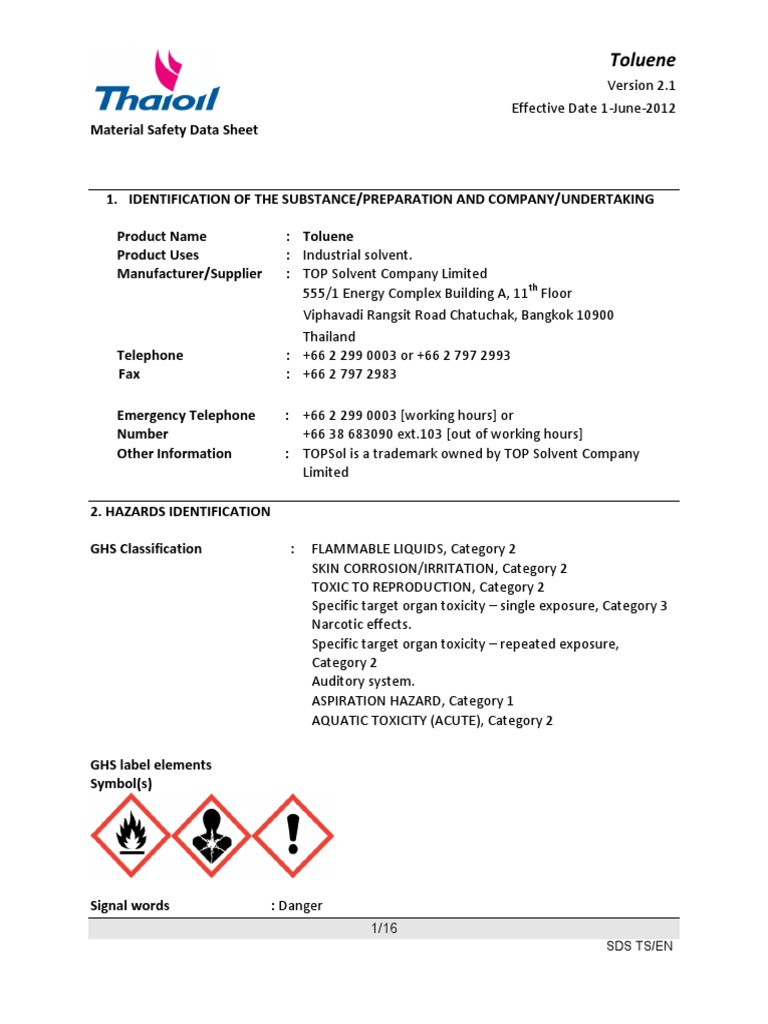 Toluene MSDS | PDF | Toxicity | Dangerous Goods