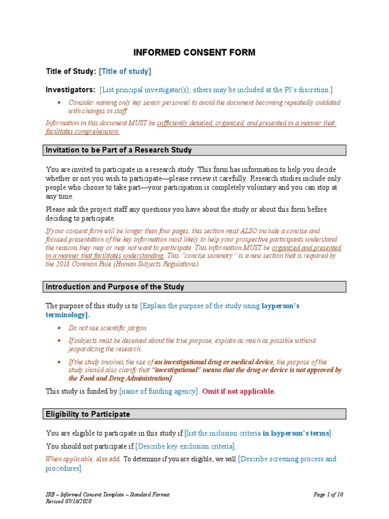 Informed Consent Form Template | PDF | Institutional Review Board ...