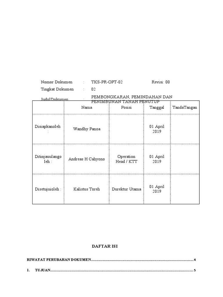 SOP Pembongkaran, Pemindahan Dan Penimbunan OB Rev 0 | PDF