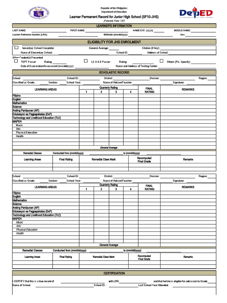 Learner Permanent Record For Junior High School (SF10-JHS) | PDF ...