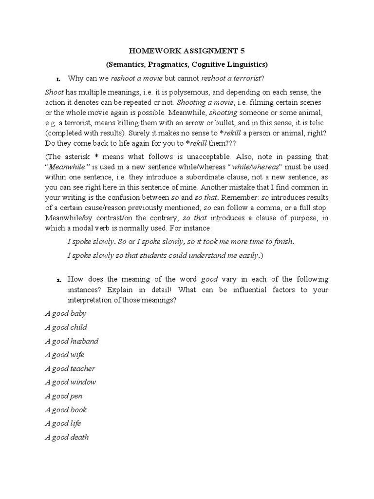 Homework Assignment 5 (Semantics, Pragmatics, Cognitive Linguistics) | PDF | Sentence ...