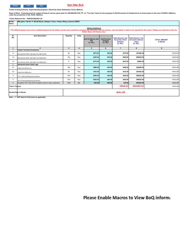 Item Rate Boq: Validate Print Help | PDF | Electrical Components ...