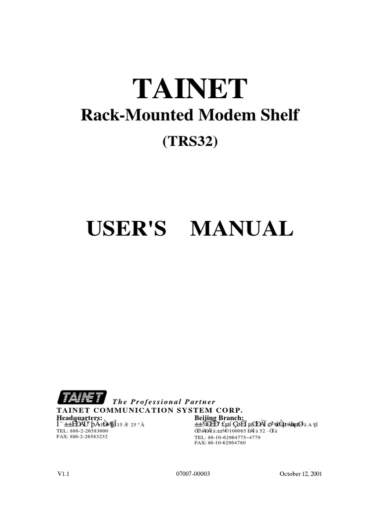 TAINET Rack-Mounted Modem Shelf (TRS32) USER'S MANUAL | PDF | Telephone ...