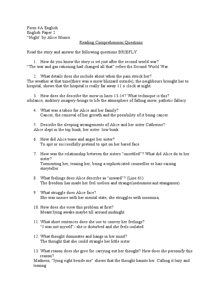 Night Reading Comp Qs | PDF | General Fiction