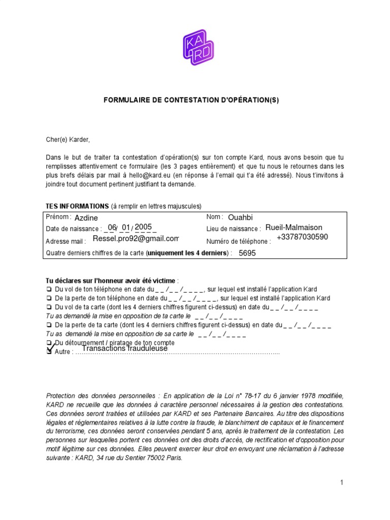 Formulaire de Contestation D'opération(s) - Kard | PDF | Blanchiment d ...