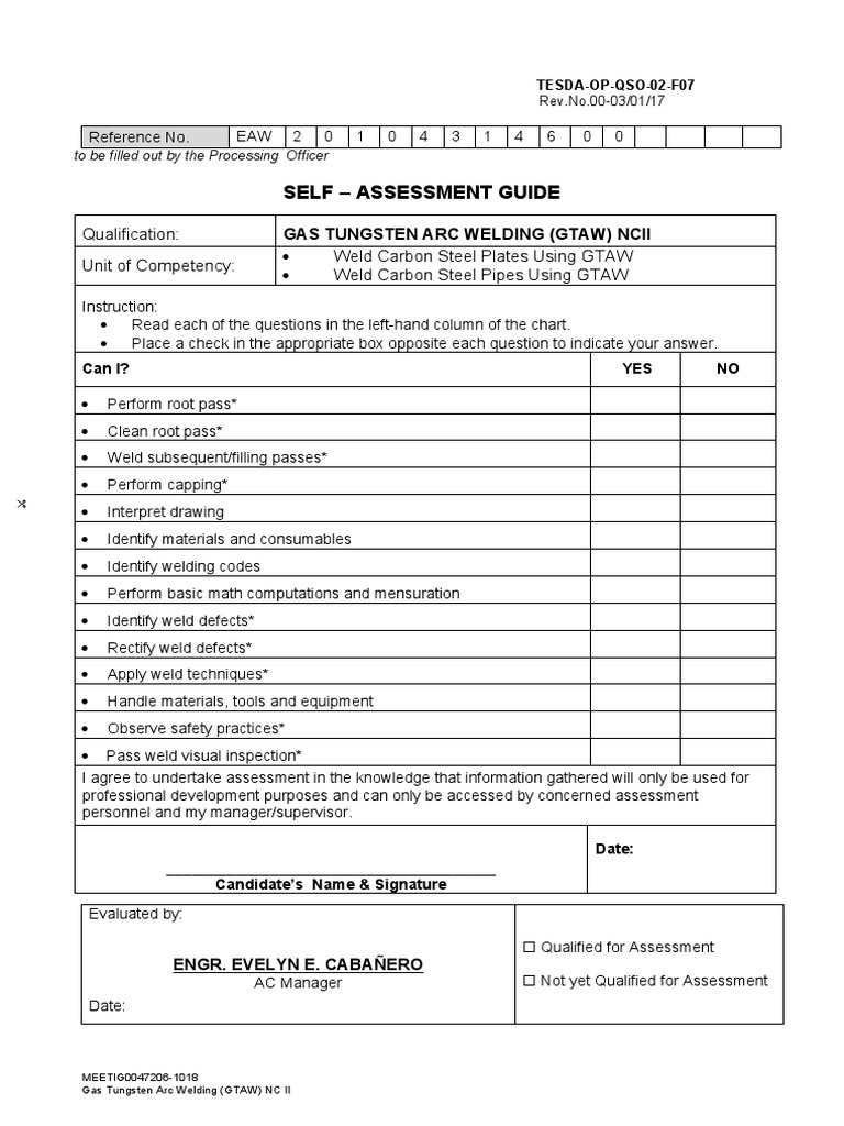 Self - Assessment Guide: Gas Tungsten Arc Welding (Gtaw) Ncii | PDF | Technology & Engineering