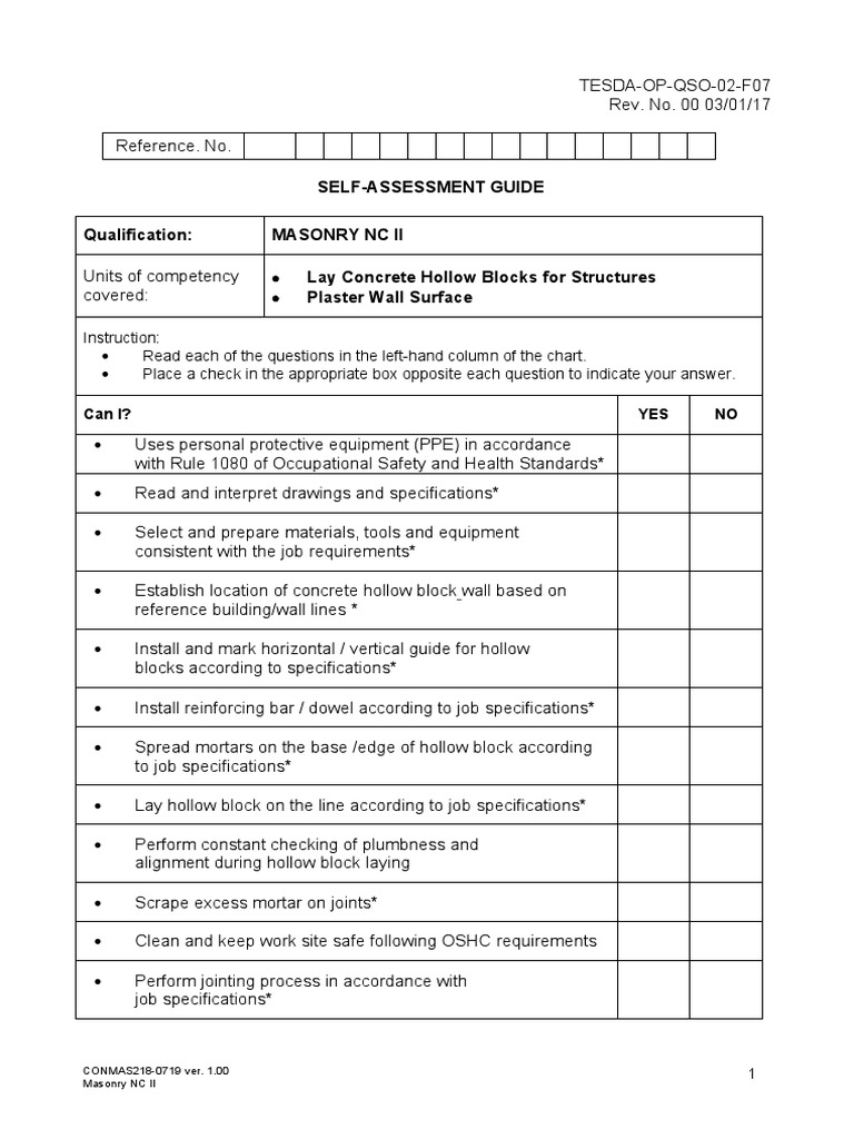 Self-Assessment Guide Qualification: Masonry NC Ii Lay Concrete Hollow ...